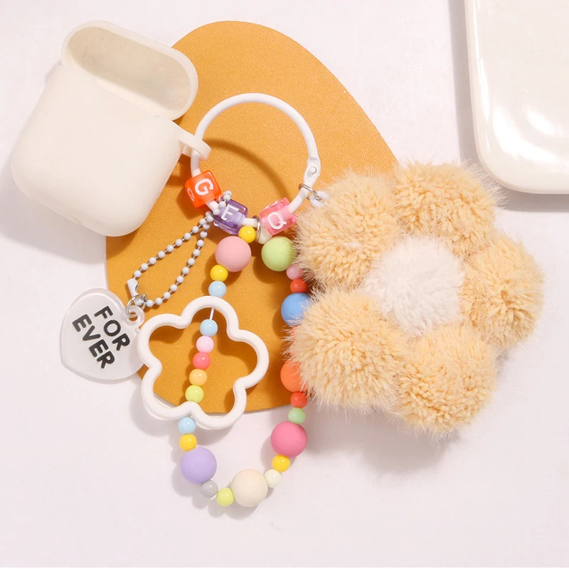 Creative-Colorful-Bead-Chain-Keyring-Lovely-Plush-Flower-Keychain-For ...