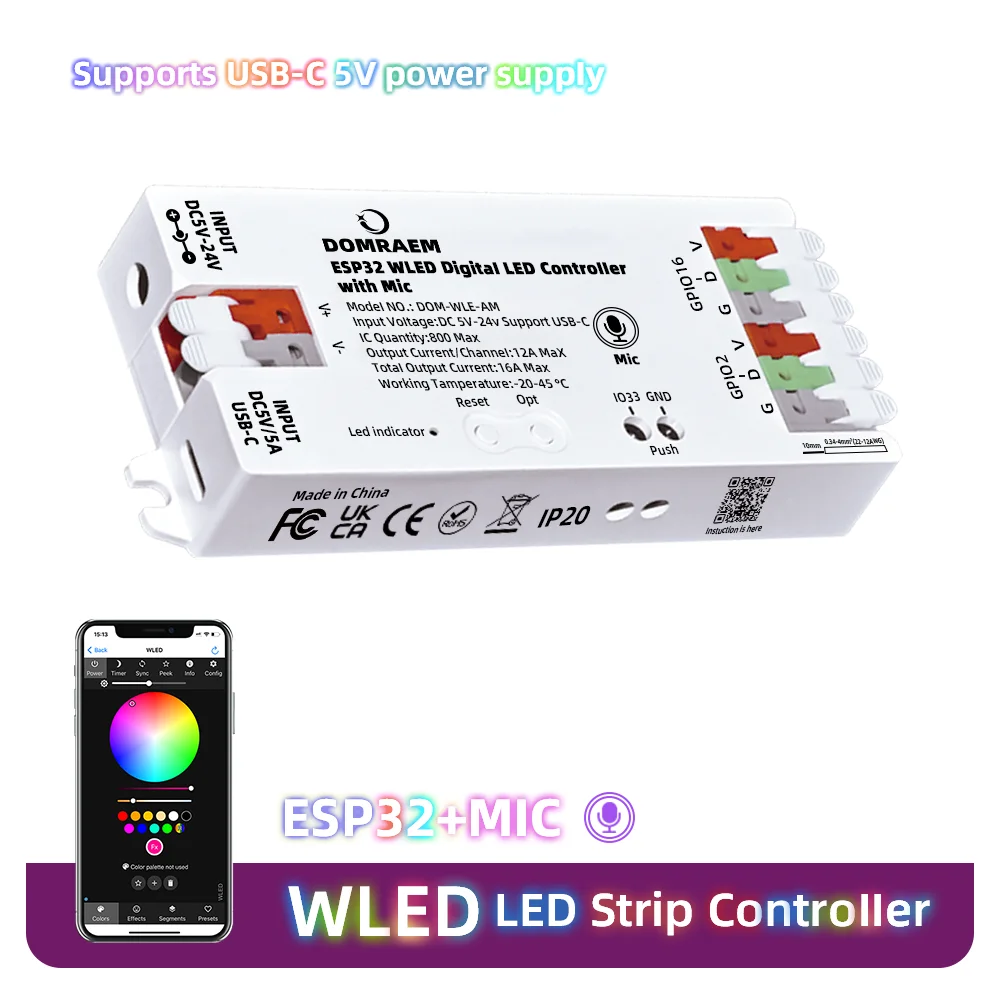 DOMRAEM WLED ESP32 LED Strip Controller with music Mic USB-C 5V Plug ...