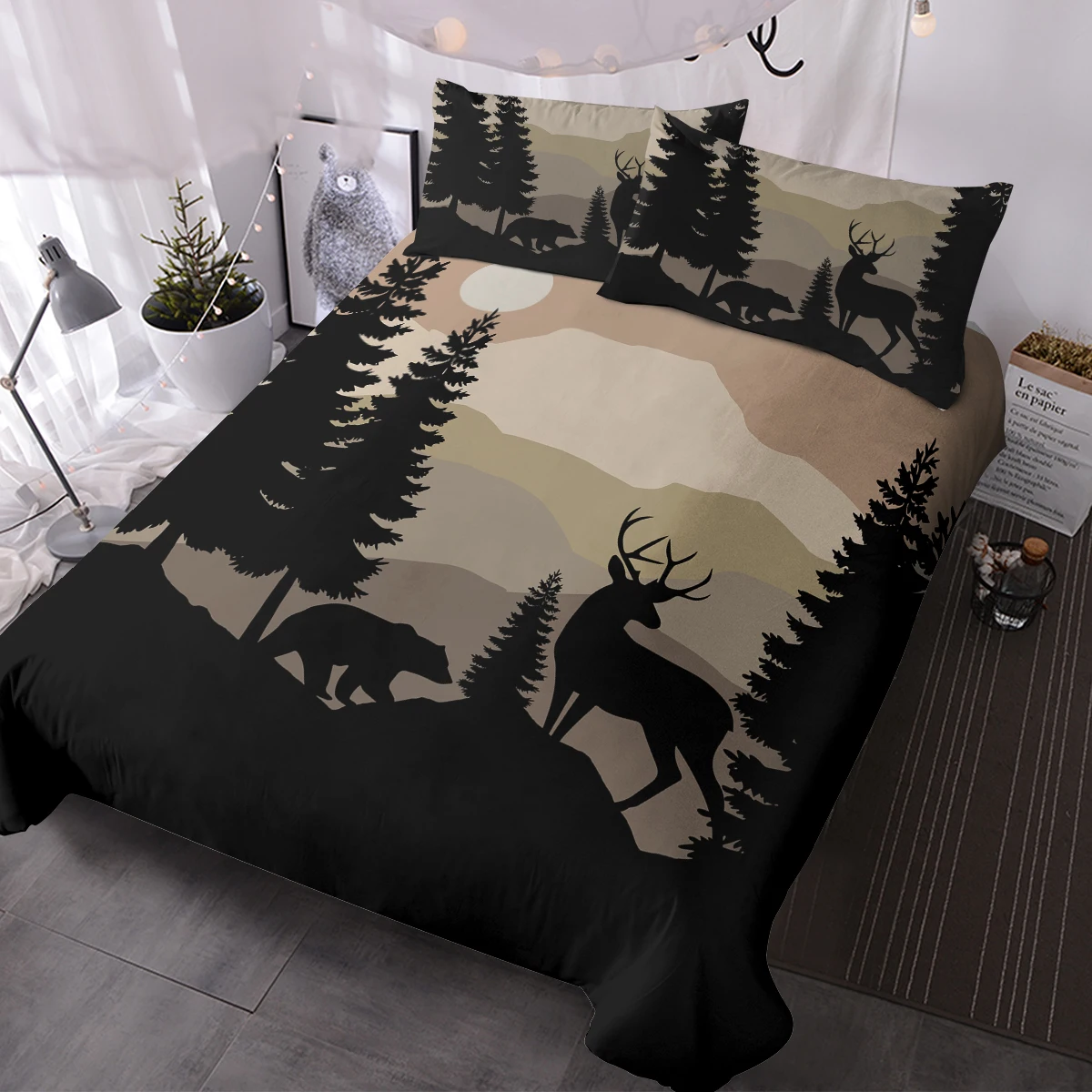 Black-Bear-and-Deer-Forest-Bedding-Sets-Wildlife-Watercolor-Comforter ...