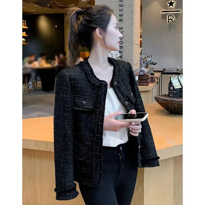 Black Jacket Women's Shiny Silk And Cotton 2025 Autumn And Winter New ...
