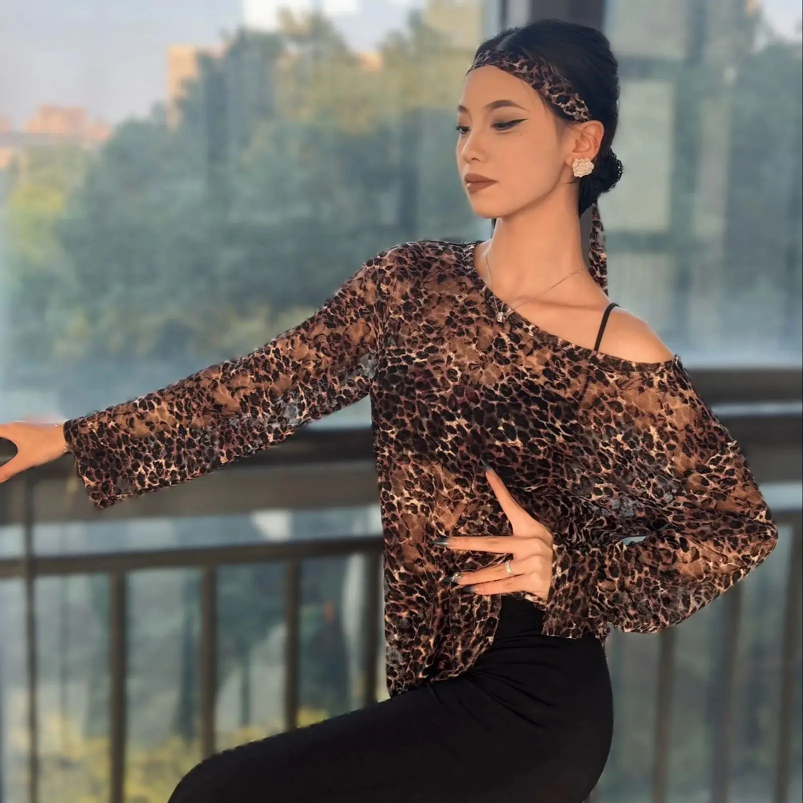 Latin Dance Training Costume For Women Mesh Slop Shoulder Leopard Print ...