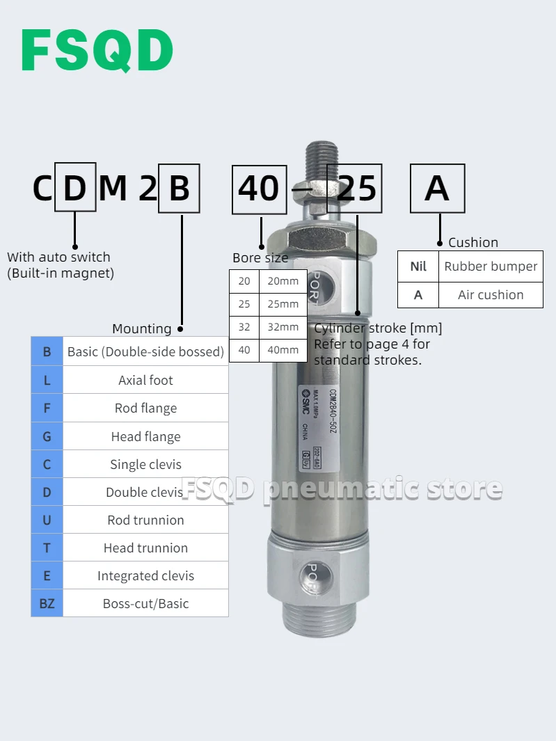 Cdm2b40-25 Cdm2b40-50 Cdm2b40-60 Cdm2b40-75 Smc Stainless Steel Mini Air Cylinder Pneumatic ...