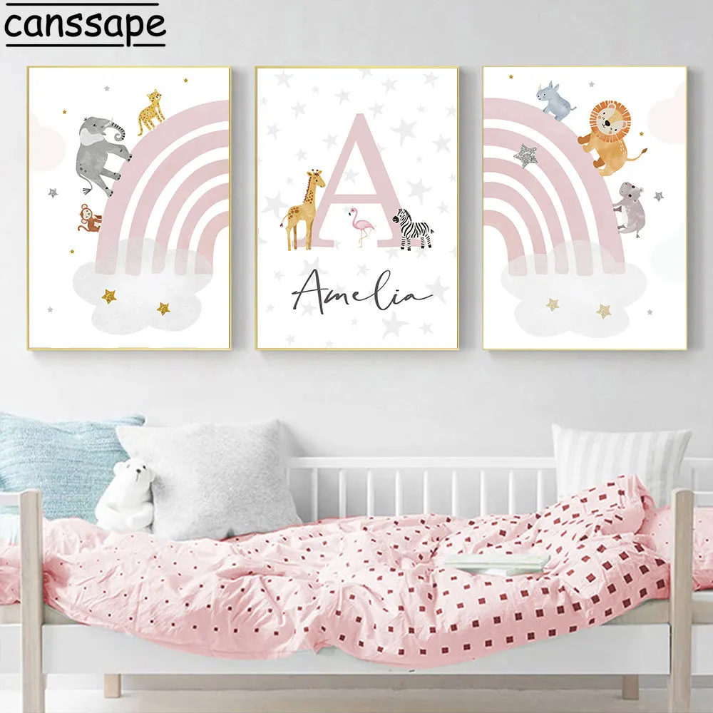 Custom Name Poster Pink Rainbow Art Prints Giraffe Canvas Painting ...