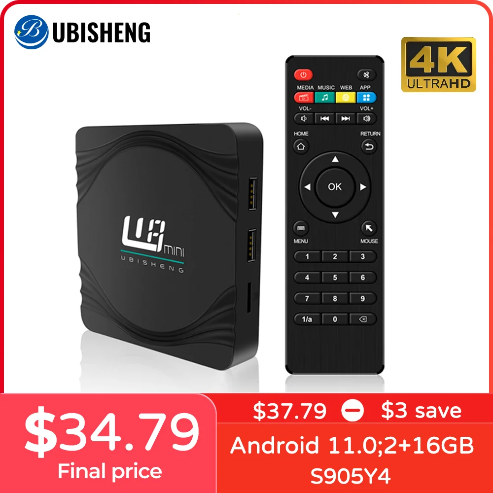 UBISHENG Android TV Box Android 11.0 2G+16GB 4K H.265 TV Box Amlogic S905Y4 Media Player 2.4G ...