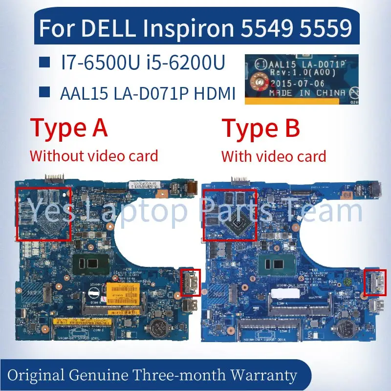 Aal15 La-d071p For Dell Inspiron 5559 5759 5459 3559 Laptop Mainboard ...