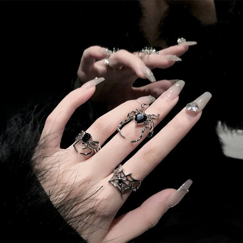 Gothic-Punk-Irregular-Spider-Webs-Zircon-Opening-Ring-Women-Black ...