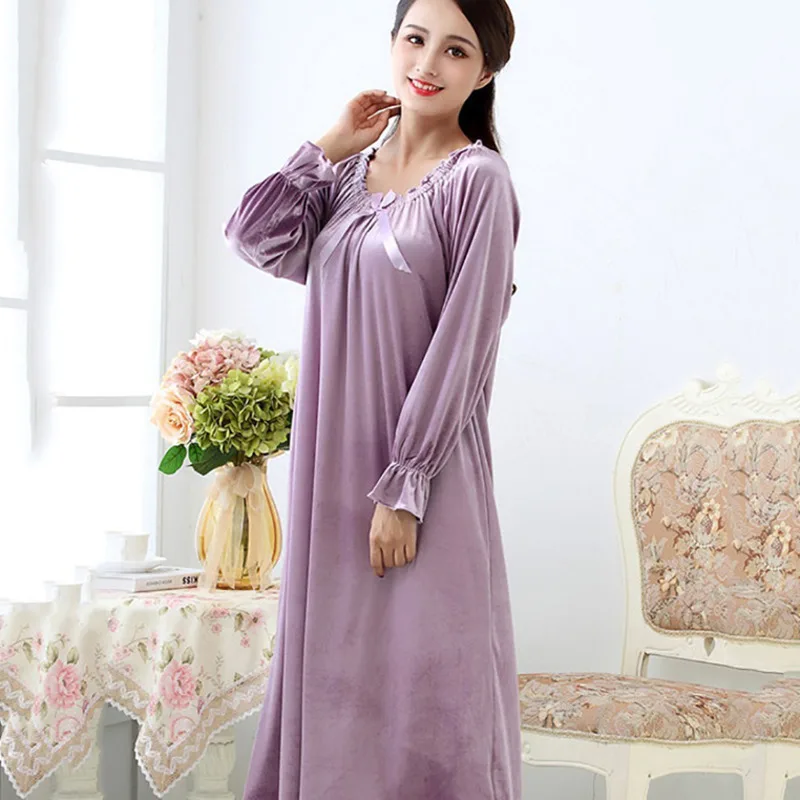 Winter Nightgowns Women Fleece Knit Long Sleeve Elegant Sleepdress ...