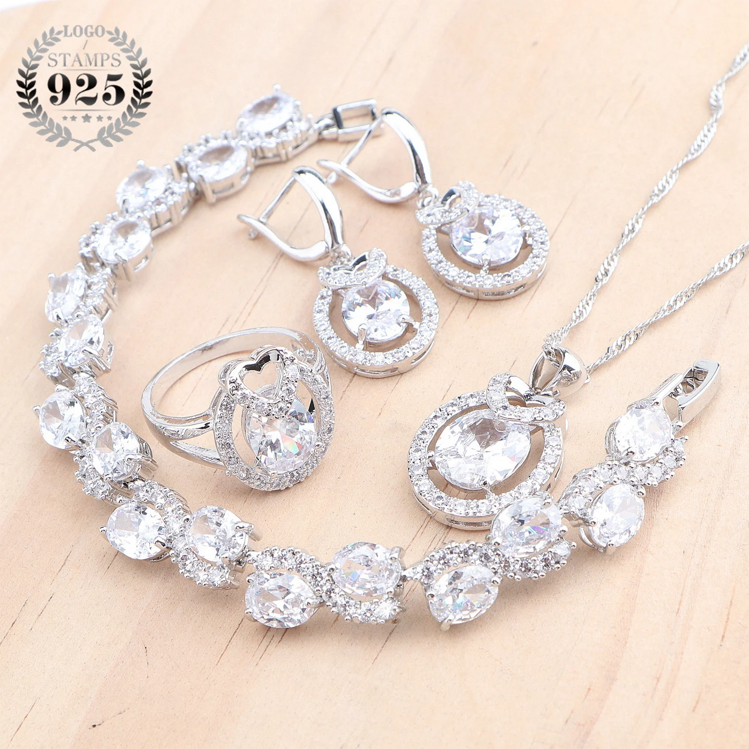 White-Zircon-925-Silver-Jewelry-Sets-Bridal-For-Women-Wedding-Rings ...