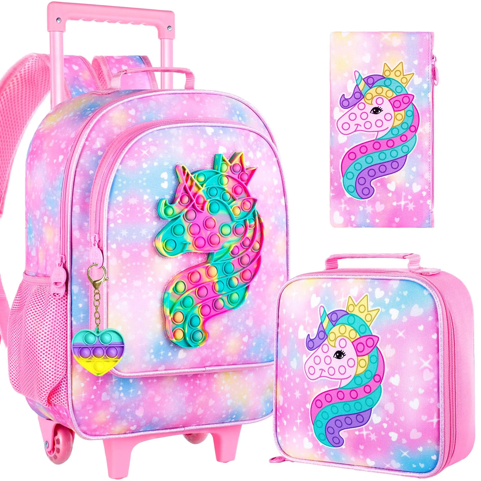 3PCS-Rolling-Backpack-for-Girls-Kids-Roller-Wheels-Bookbag-Wheeled ...