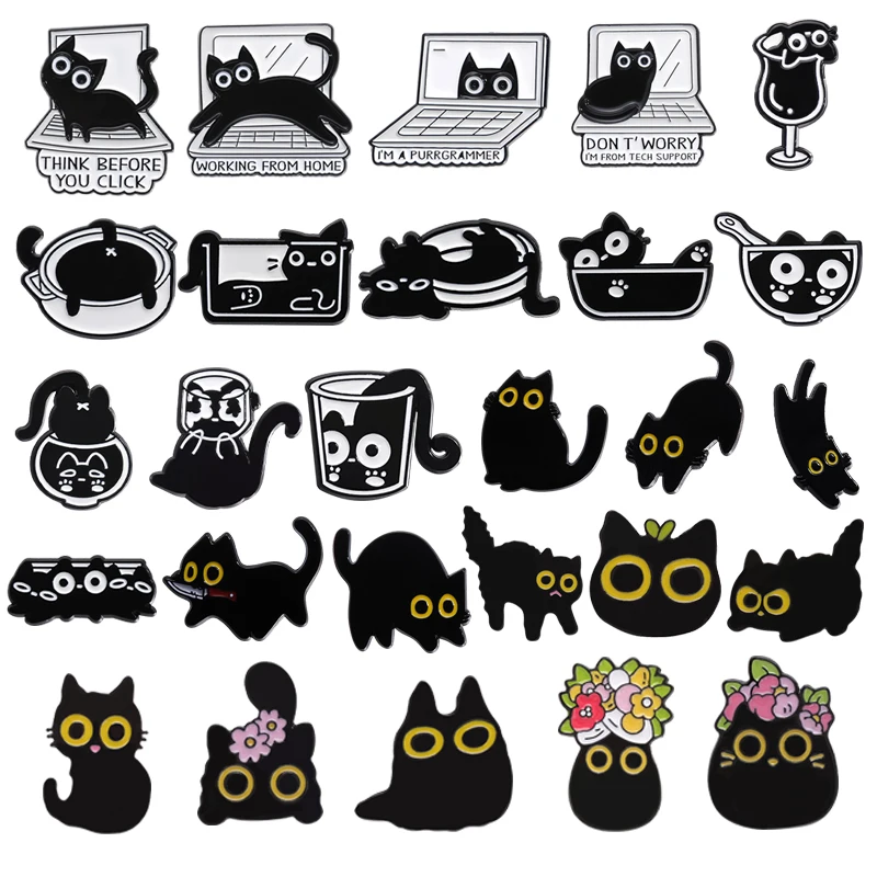 27 Types Cat Shape Enamel Pins Black Cats Animal Lapel Badge Clothes ...