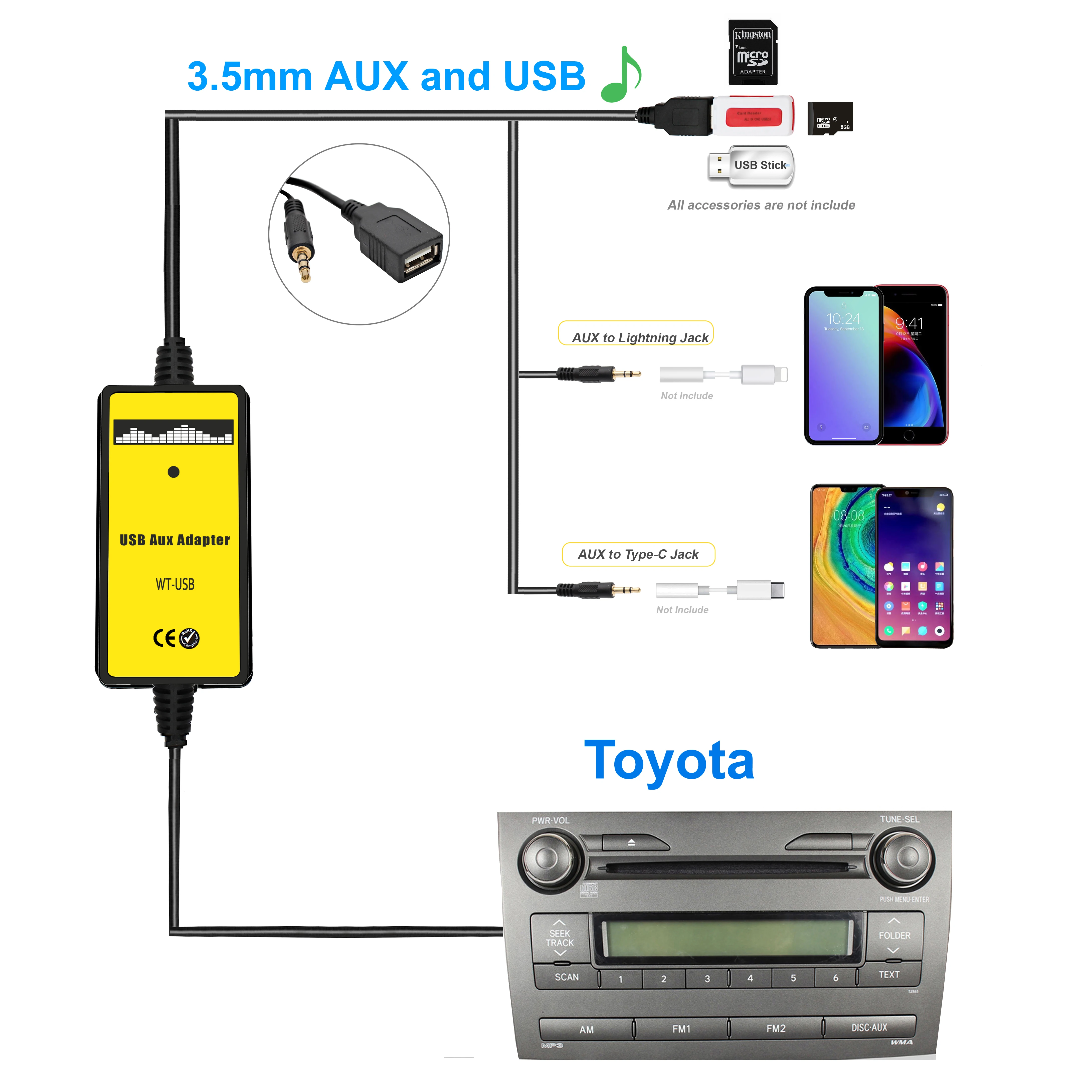 자동차 스테레오 MP3 입력, 3.5mm AUX USB CD 체인저, 도요타 캠리 아벤시스 RAV4 야리스 코롤라 렉서스용 ...