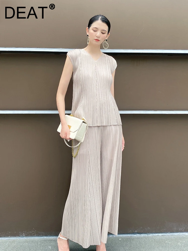 Deat plissado conjuntos casuais mulheres sem mangas solto t camisa com ...