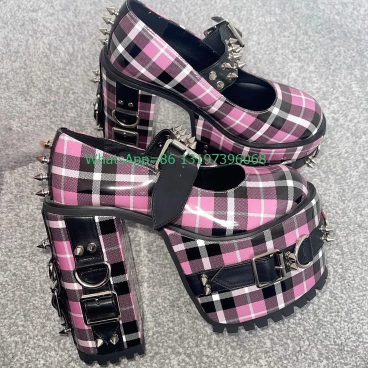 Lady-pink-Y2K-style-punk-plaid-spike-gothic-Mary-Janes-chunky-heel ...