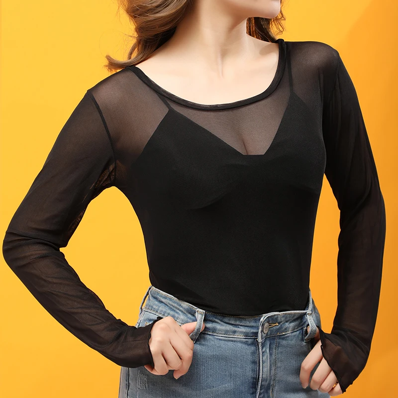 Korea-Style-Women-s-Sheer-Mesh-Tops-Long-Sleeve-See-through-Tee-Shirt ...