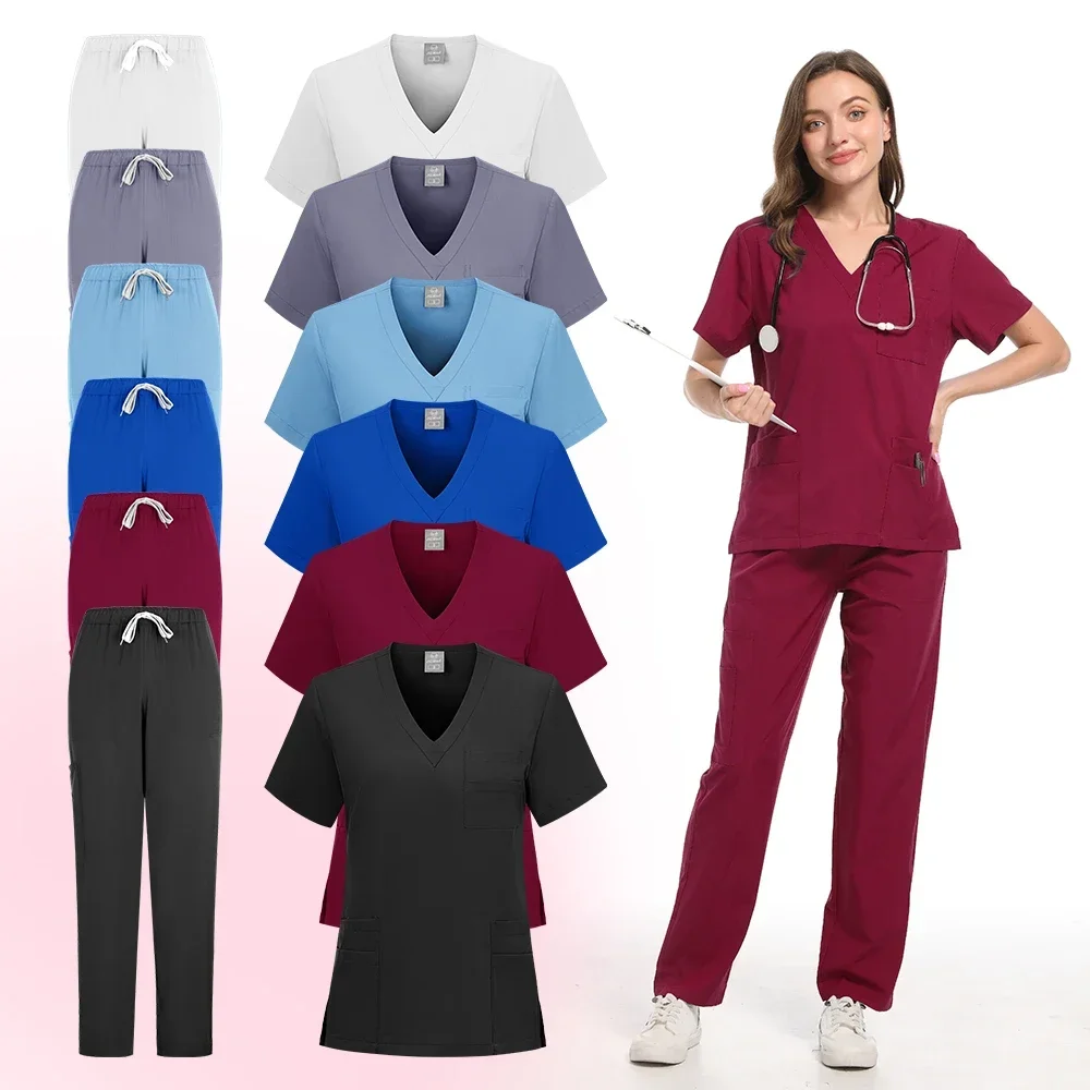 New Nurse Uniforms Elatic Solid Tops Pants Woman Man Scrub Trousers ...