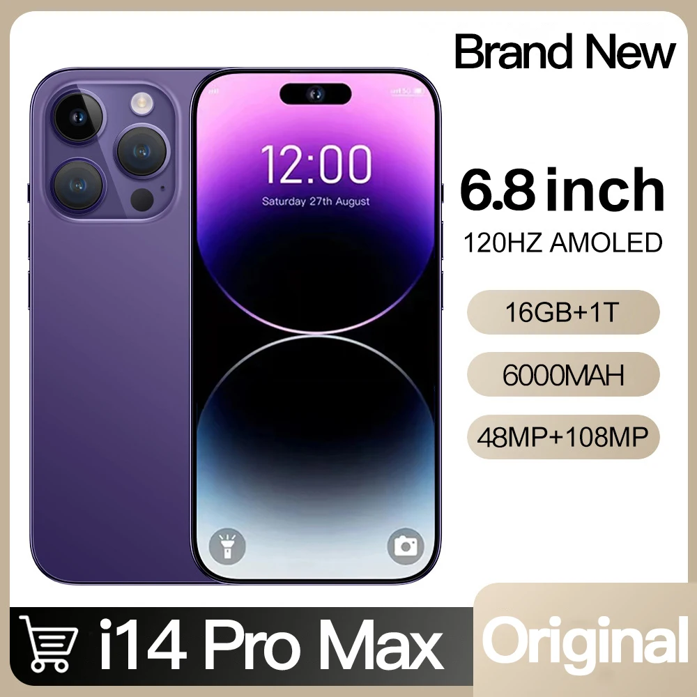 i14 Pro Max Smartphone 6.8 inch Full Screen Face ID 16GB+1TB Cell Phone ...