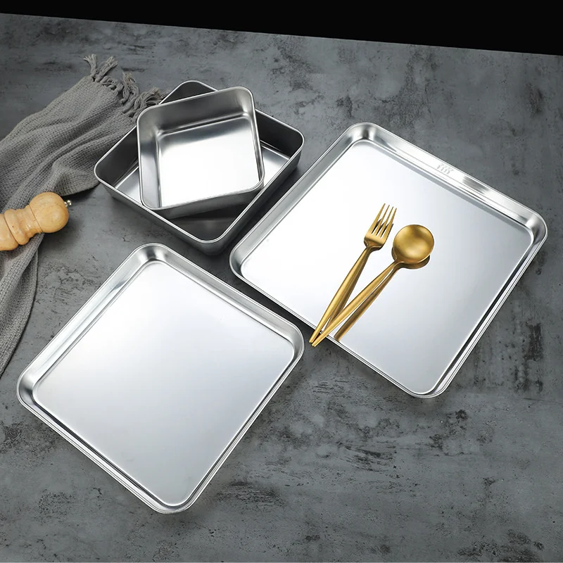 304-Flat-Bottom-Stainless-Steel-Square-Tray-Baking-Pan-Multifunctional ...