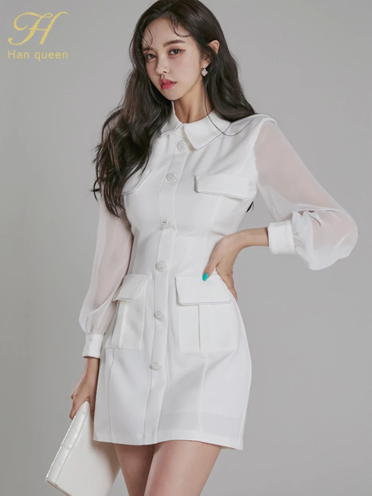 فستان جديد من H Han Queen لخريف 2021 قميص كوري رقيق بخياطة واحدة الصدر ...