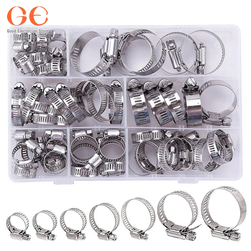 60X Assorted Stainless Steel Hose Clamp Kit With No Driver Clips Set ...