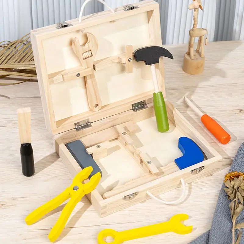 Wooden Toolbox Kids Children Wooden Tool Box Kit Wooden Montessori Toy ...
