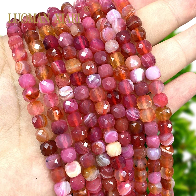 7-8MM Faceted Square Natural Stone Rose Red Agates Loose Cube Spacer ...