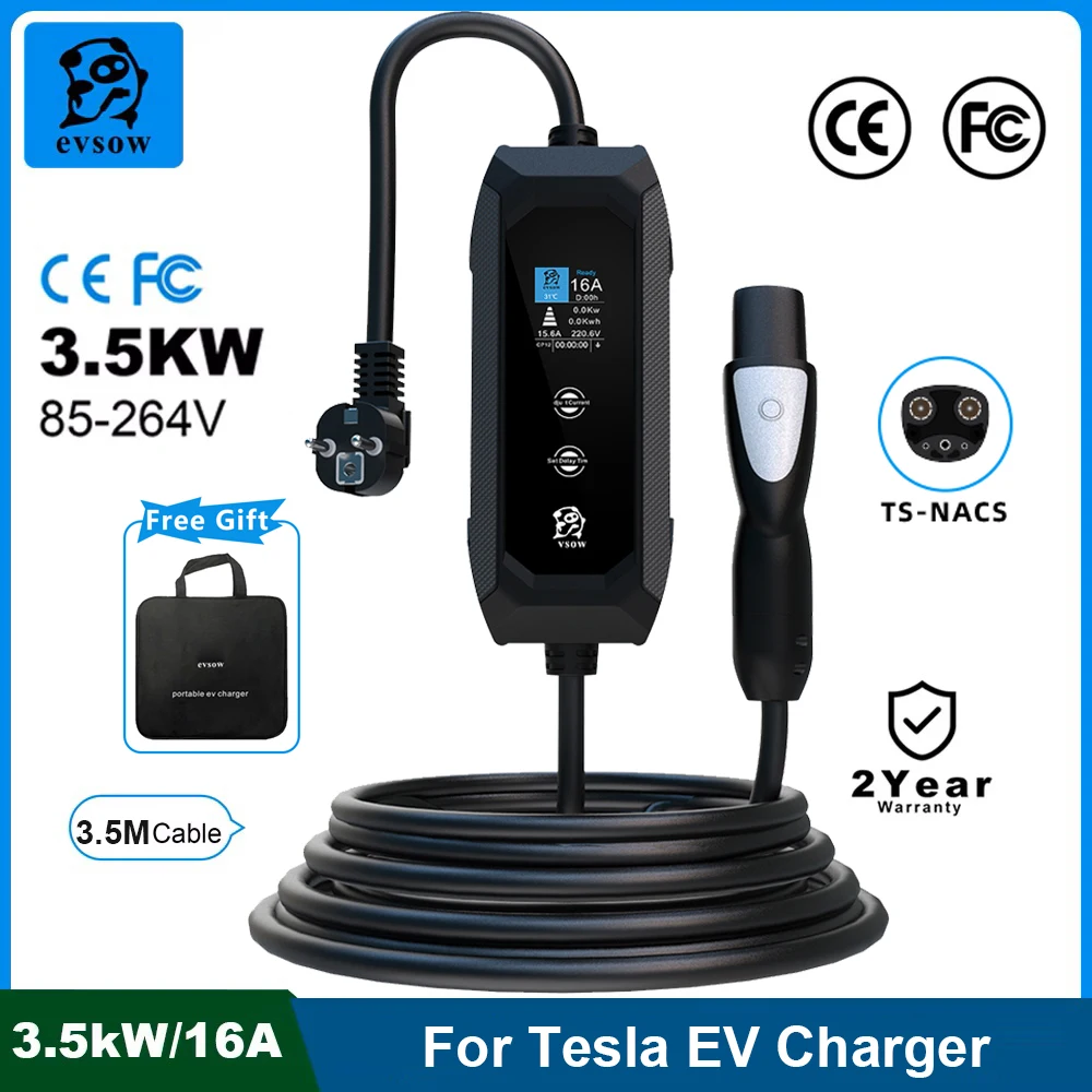 테슬라 전기차 충전기용 evsow 3.5KW 16A 단상 전기차 충전기, 조절 가능한 전류 및 충전 시간 설정 가능 TS ...