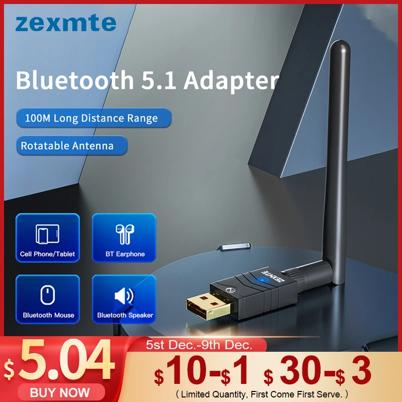 Zexmte Usb Bluetooth 5.1 Adapter For Pc Speaker Mouse Music Audio ...