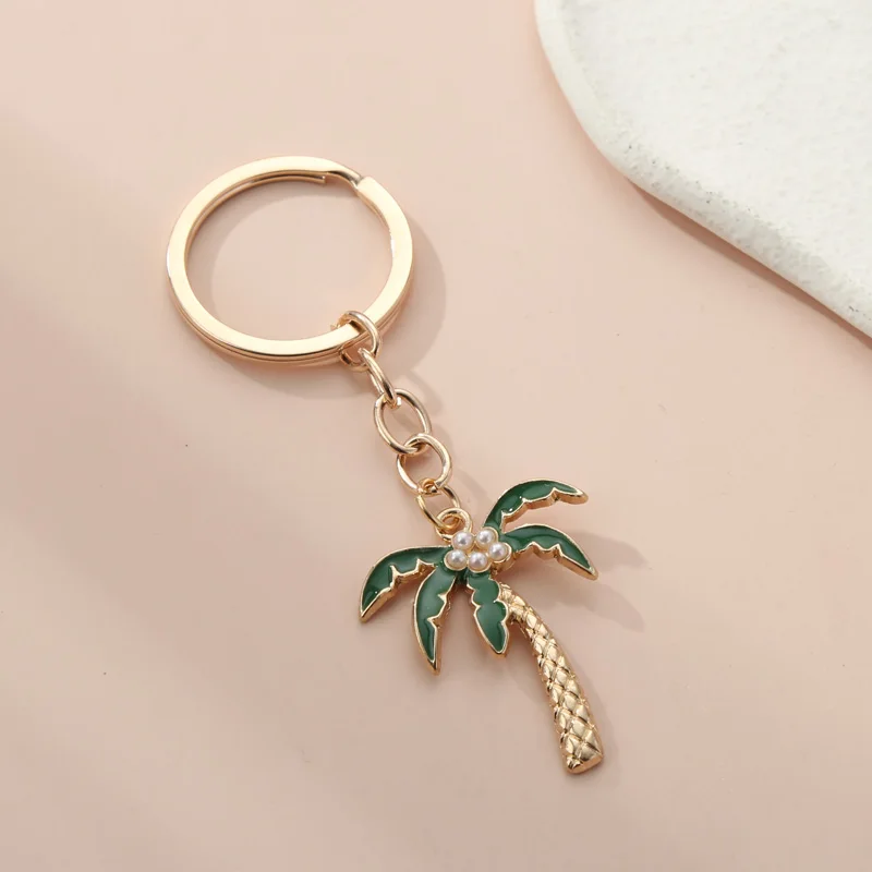 Cute Enamel Coconut Palm Key Chain Pearl Tree Cocoanut Key Ring Summer ...