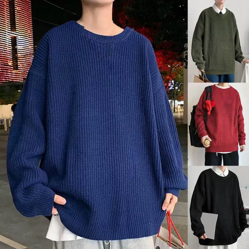 Korean Fashion Sweaters Men Solid Color Oversized Round Neck Casual ...
