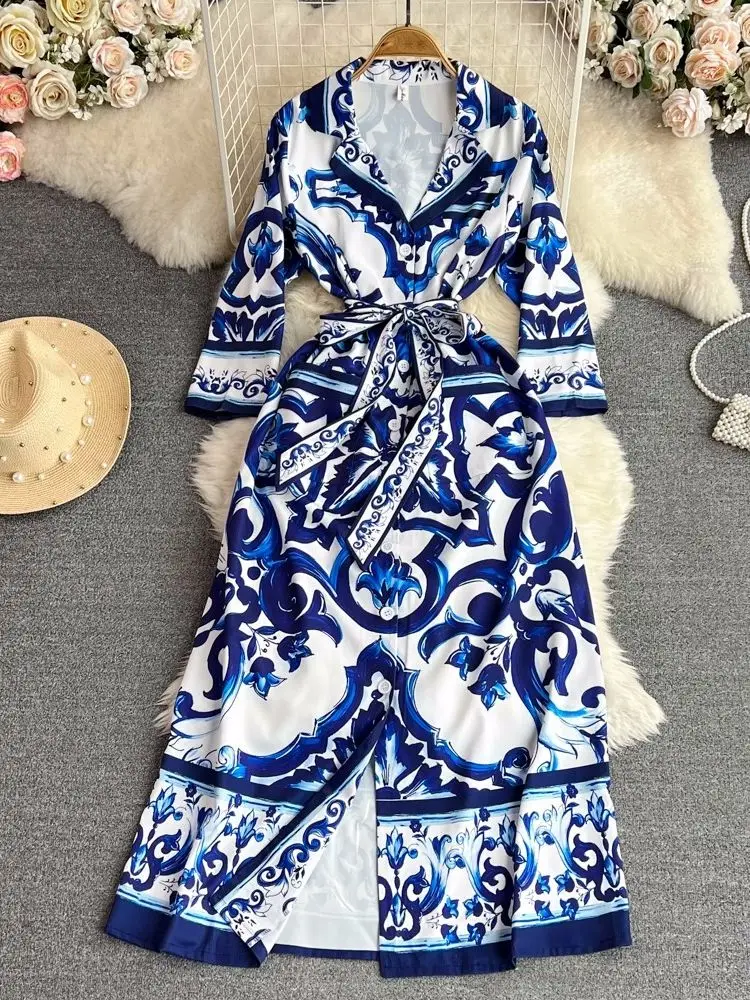 Fashion-Blue-And-White-Porcelain-Shirt-Long-Dress-Women-Clothing ...