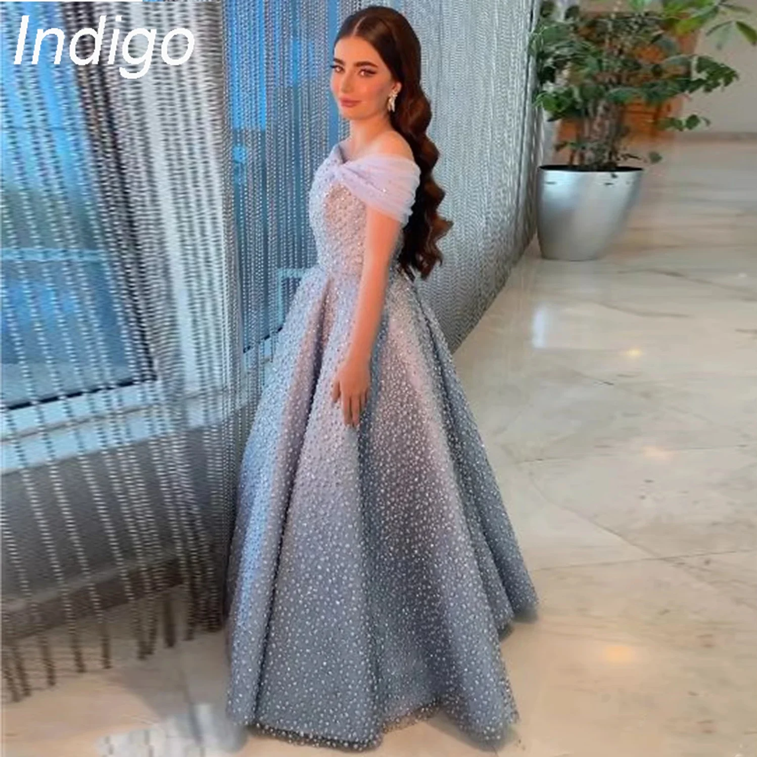 Indigo-Prom-Dress-Off-Shoulder-A-line-Empire-Formal-Evening-Party-Dot ...