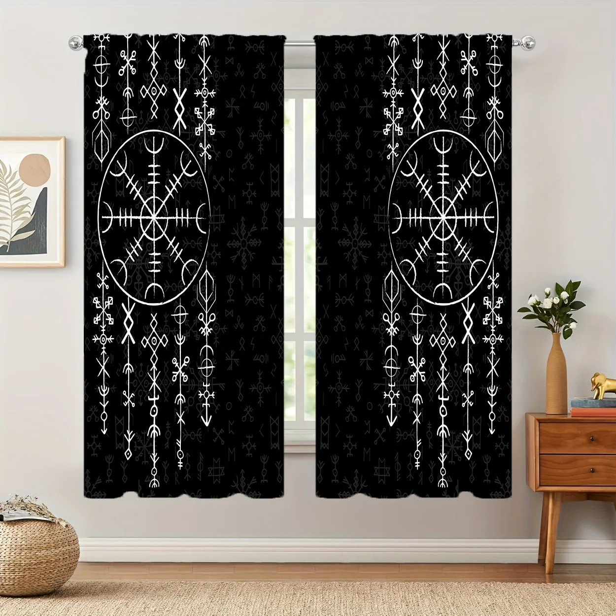 2PC 3D Viking Symbol Print Curtains - Black Norse Rune Sheer Drapes ...