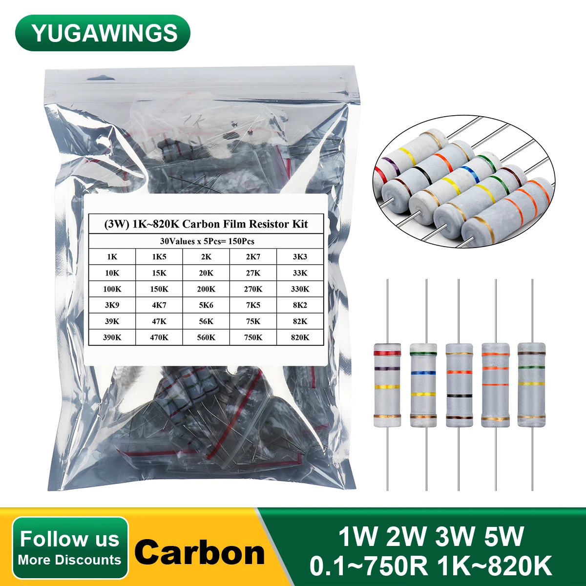 150/300Pcs 1W 2W 3W 5W Carbon Film Resistor Kit Assortment Set ...