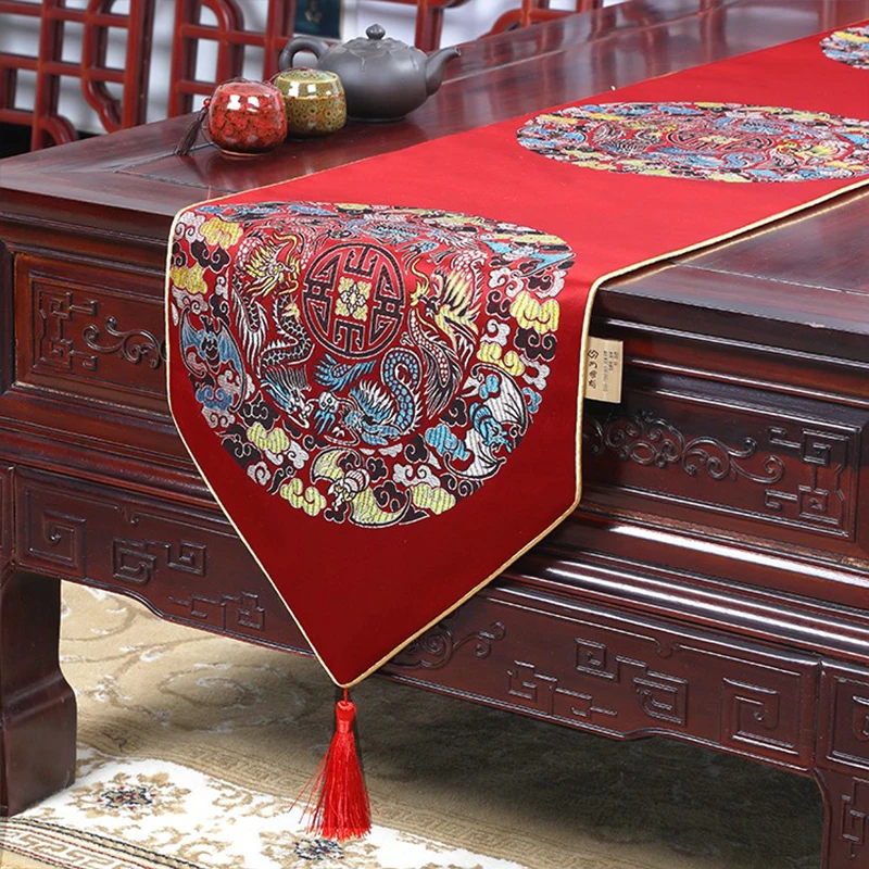 Chinese Traditional Satin Table Runner Floral Dragon Phoenix Pattern ...