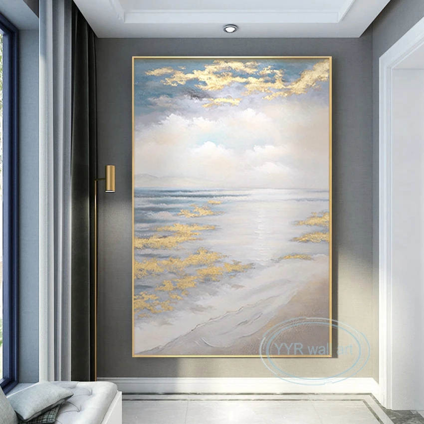 Abstract-Gold-Foil-Wall-Picture-Handmade-Oil-Painting-Sky-Sea-Canvas ...
