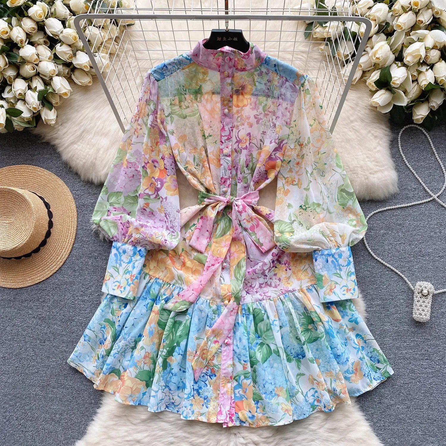 New-Summer-Holiday-Beach-Short-Dress-Women-s-Stand-Long-Lantern-Sleeve ...