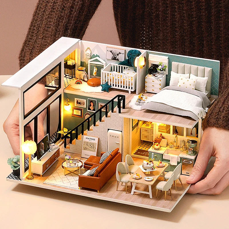 Wooden-Mini-Doll-House-DIY-Handmade-Duplex-Apartment-Production-3D ...