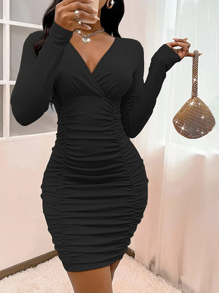 SRUBY Plunging Neck Ruched Bodycon Dress Women Sexy Solid V neck ...