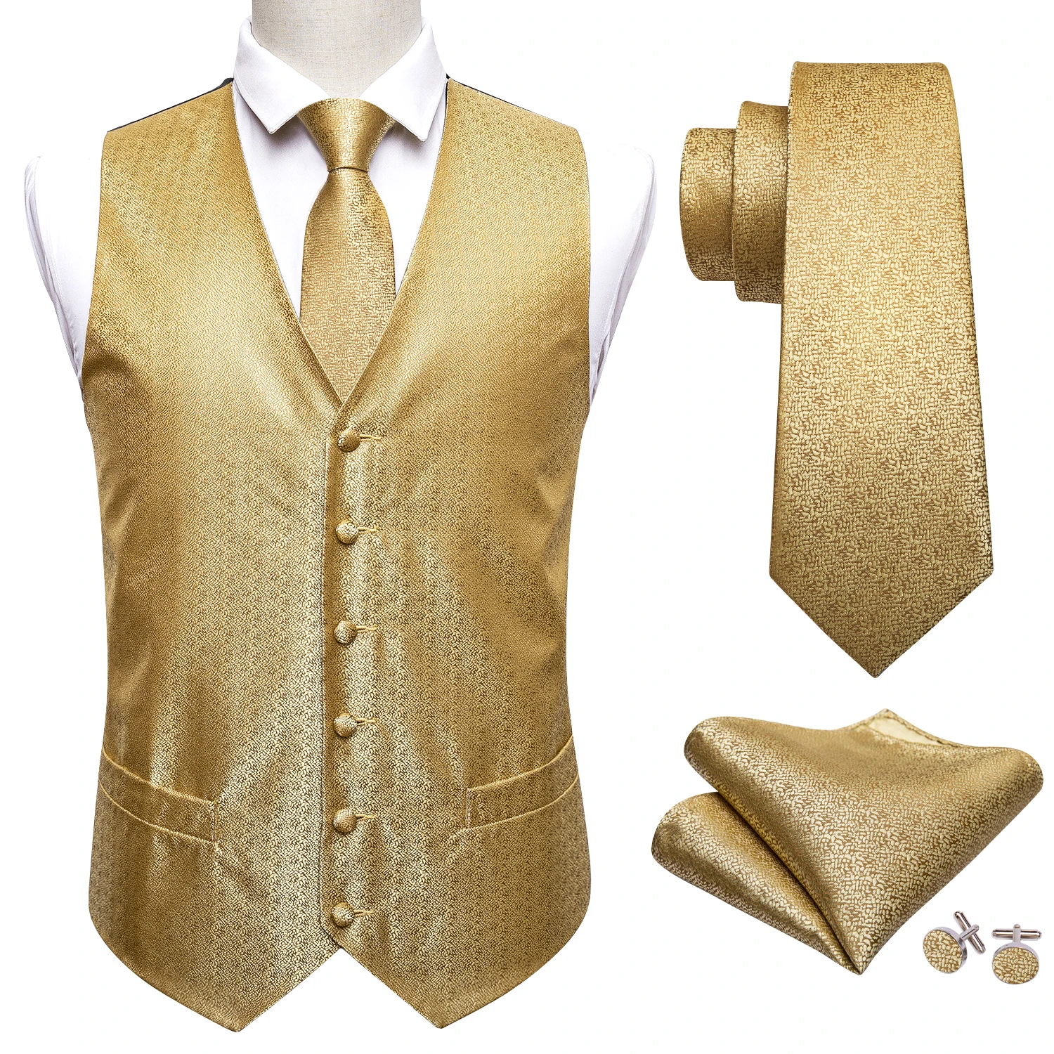 Luxury-Vest-for-Men-Silk-Solid-Gold-Waistcoat-Tie-Pocket-Square-Set ...