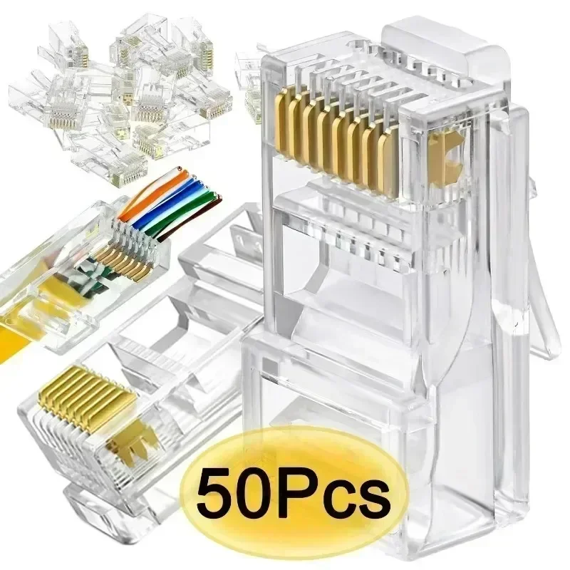 1-50pcs-RJ45-Cat6-Pass-Through-Connector-Cat-6-Cat5e-RJ-45-Ends-Gold ...