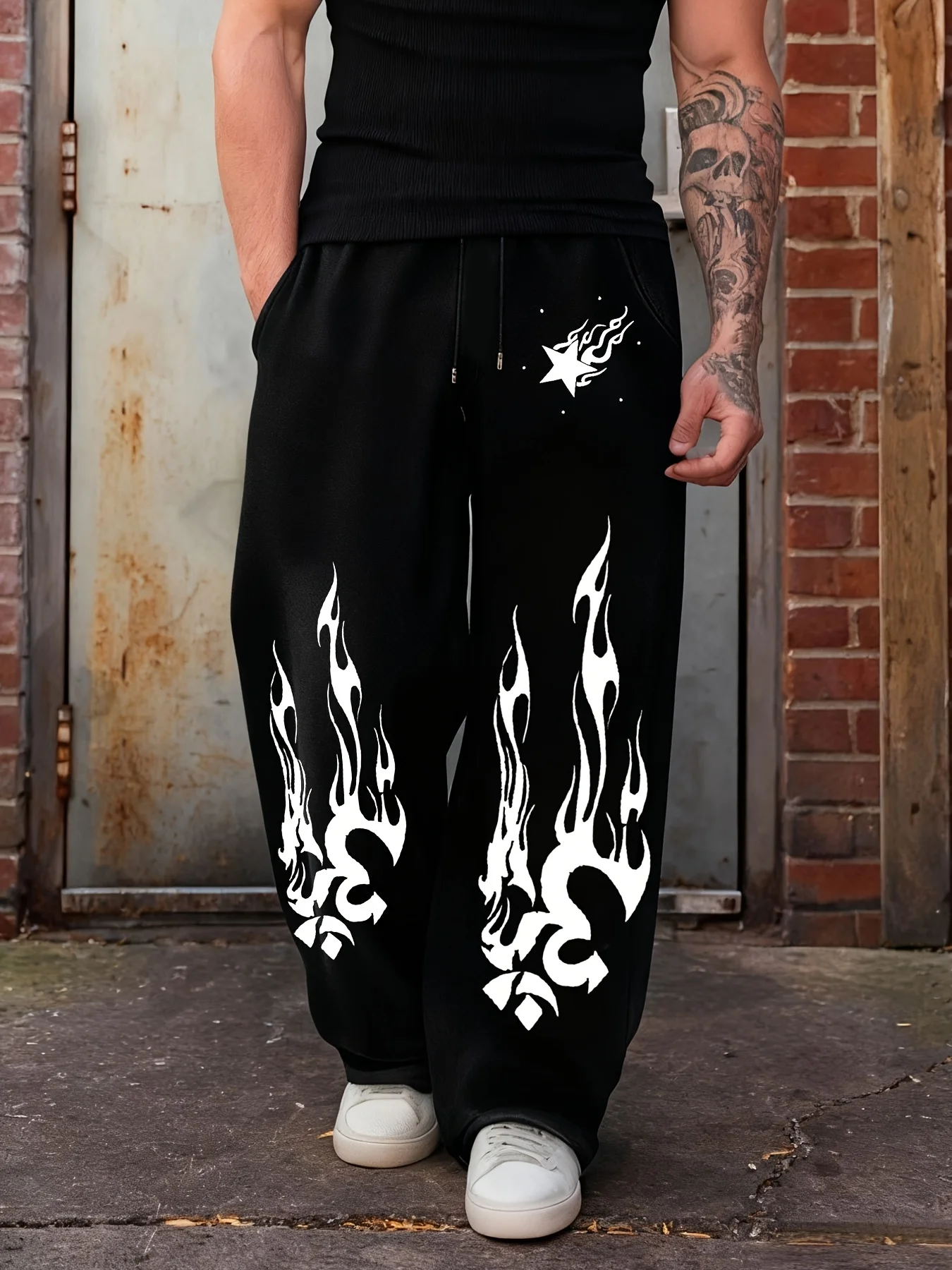 Joggers negros de pierna ancha para hombre, pantalones de calle ...