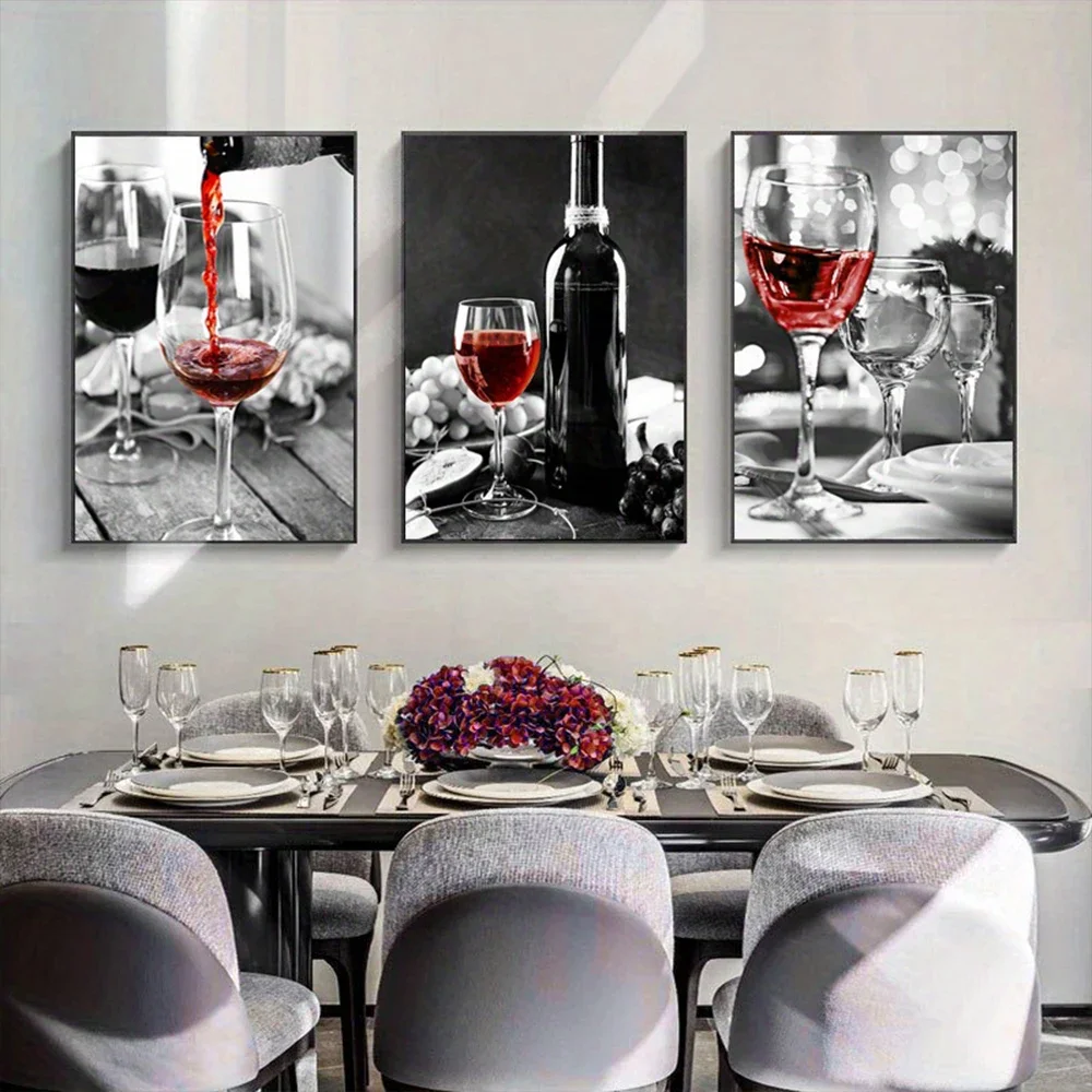 Frameless Kitchen Poster Red Wine and Bottle Picture Black White Drink ...