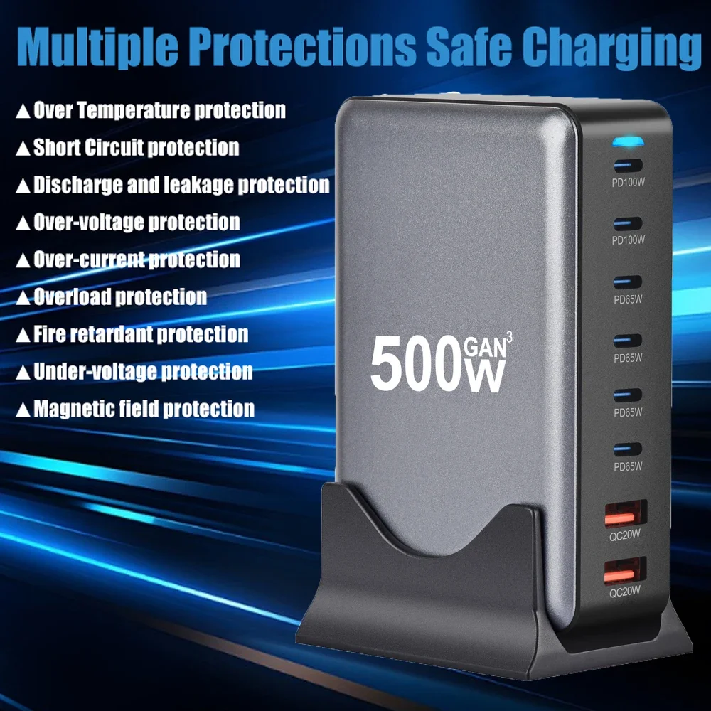 500W GAN Multi-ports USB PD Charger 6C2A Desktop Charging Station GaN ...