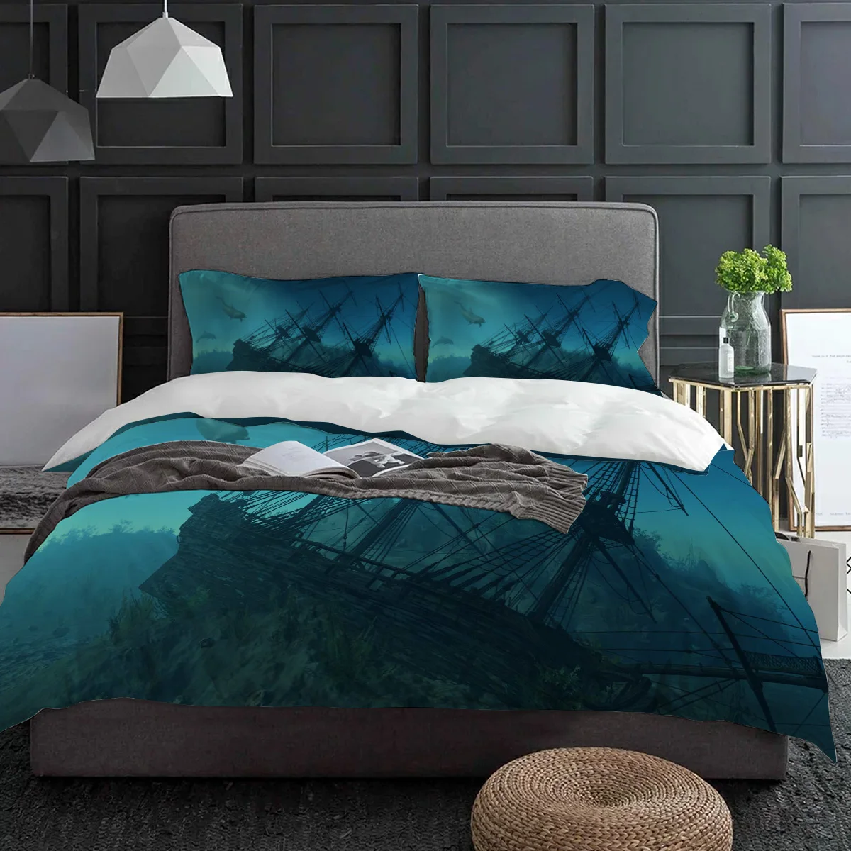 Sinking Ship Underwater Dolphin Bedding Set 3pcs Duvet Cover Pillowcase ...