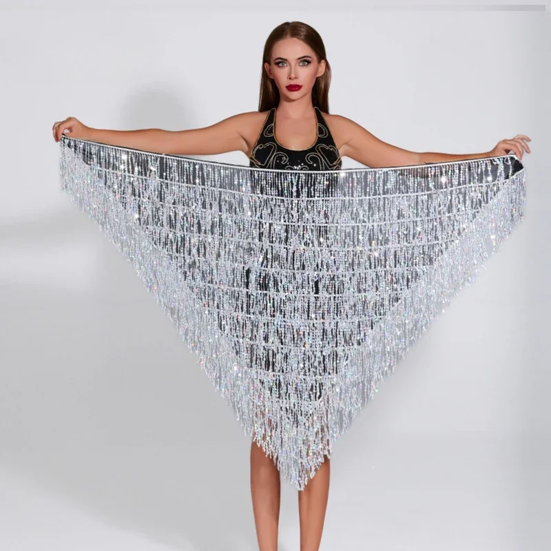 BellyDance Hip Scarf Stretchy Long Sequin Tassel Triangle Sequin Belly ...
