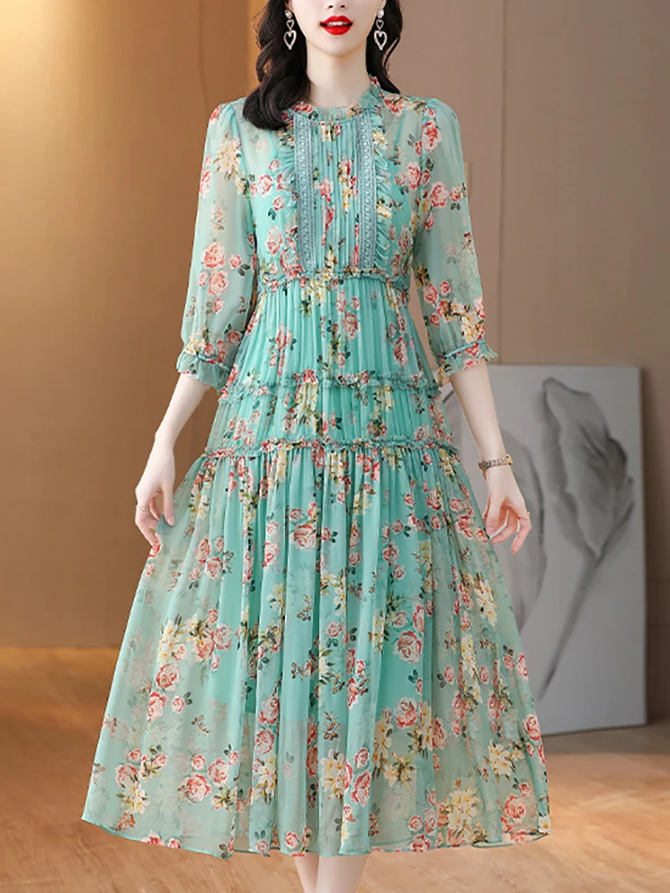Women-Green-Floral-Silk-Chic-Ruffled-Pleated-Long-Dress-2024-Korean ...