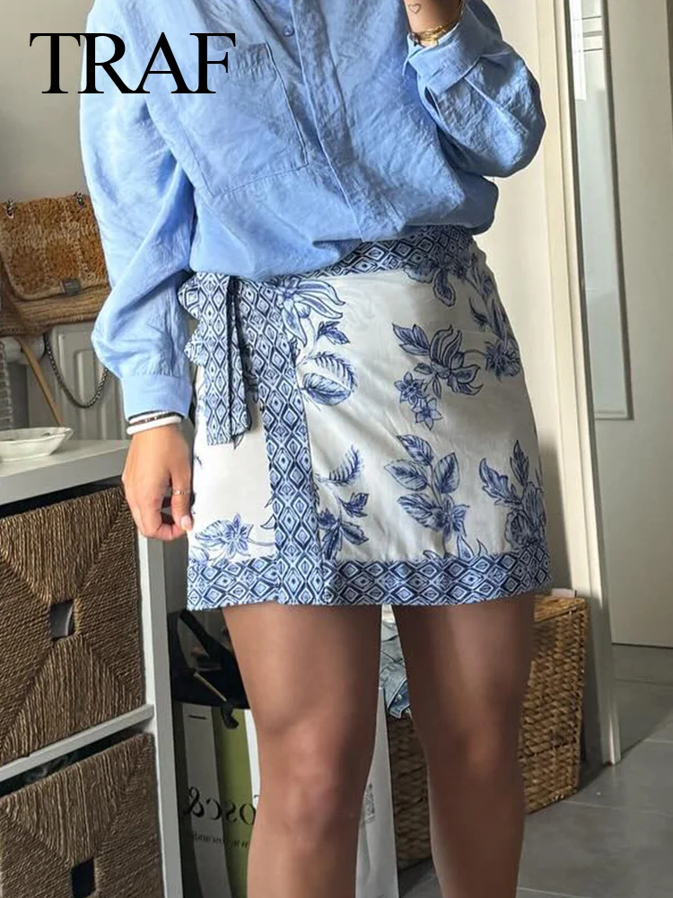 TRAF-2024-Women-New-Fashion-Casual-Lace-Up-Bow-Decoration-Blue-Print ...