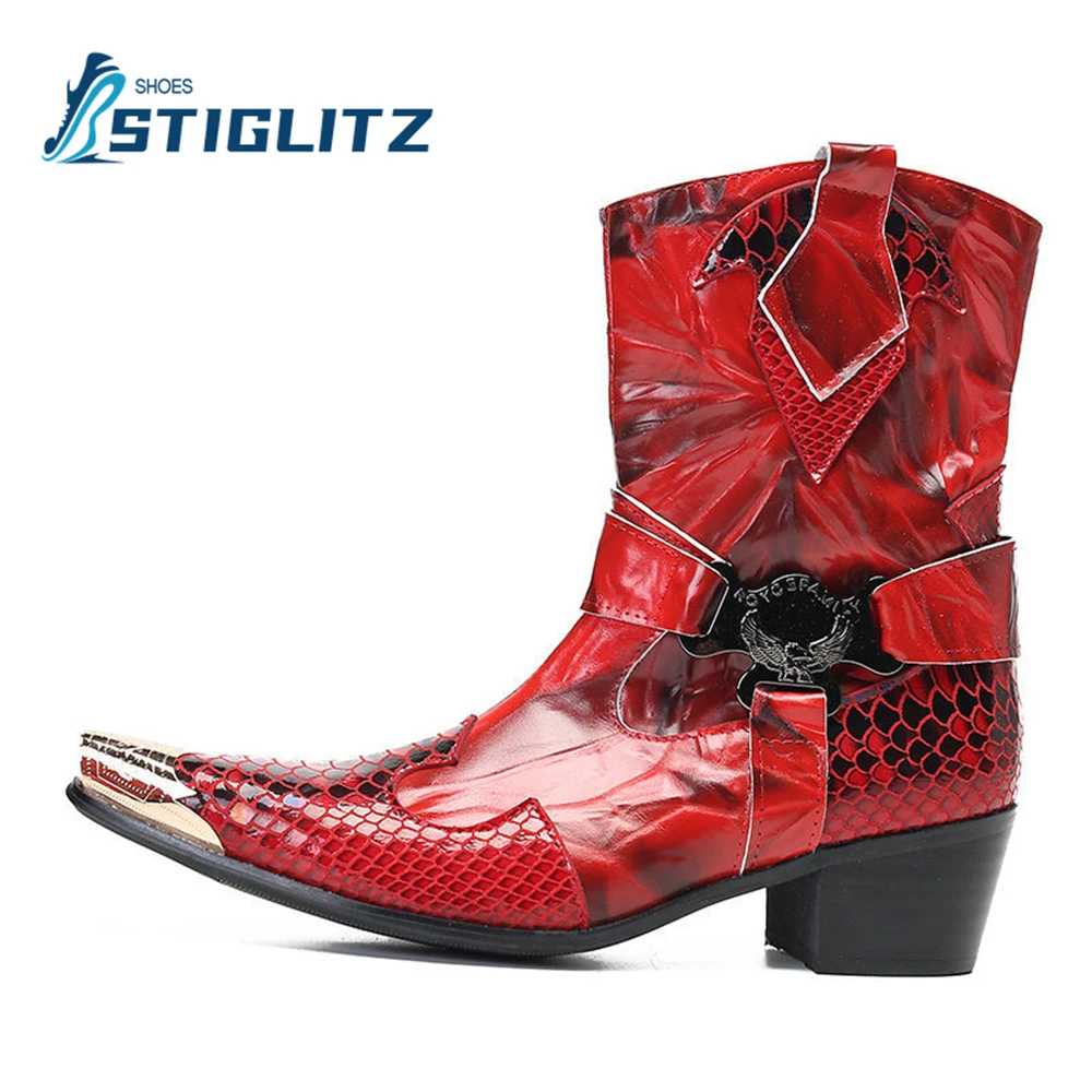 Panel-Python-Effect-Leather-Ankle-Boots-Red-Party-Show-Boots-Mens ...