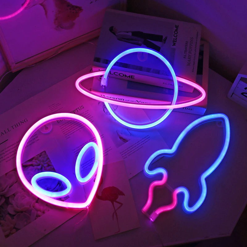 Planet LED Lights Neon Light Sign Bedroom Decor Rocket Alien Neon Night ...