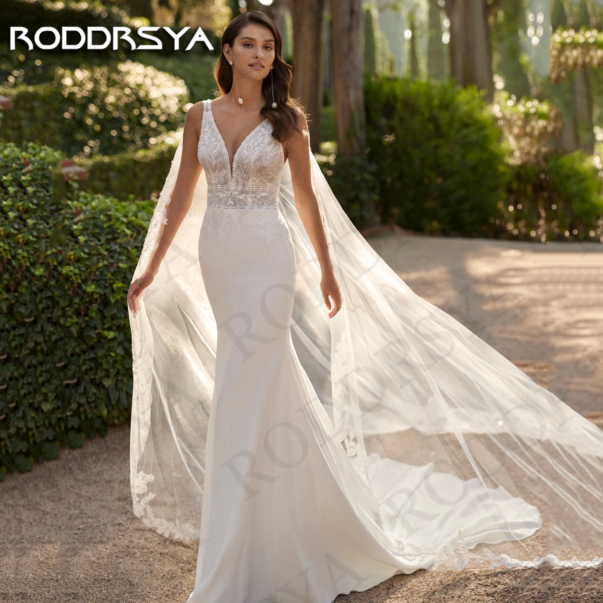RODDRSYA Modern V Neck Wedding Dress with Shawl Backless Mermaid Bridal ...